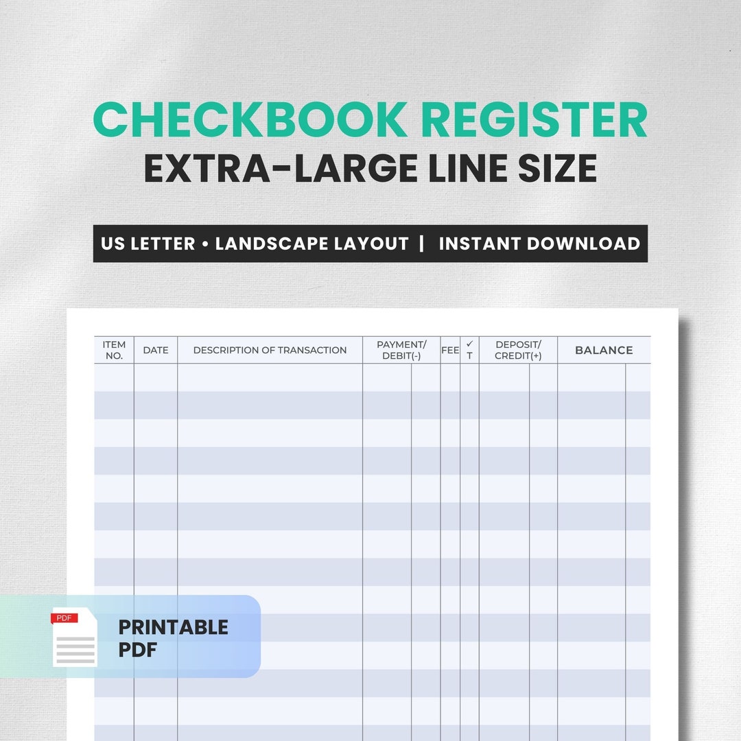 EXTRA-LARGE Checkbook Register Printable PDF File 1.0 in Line Width 8.5 ...