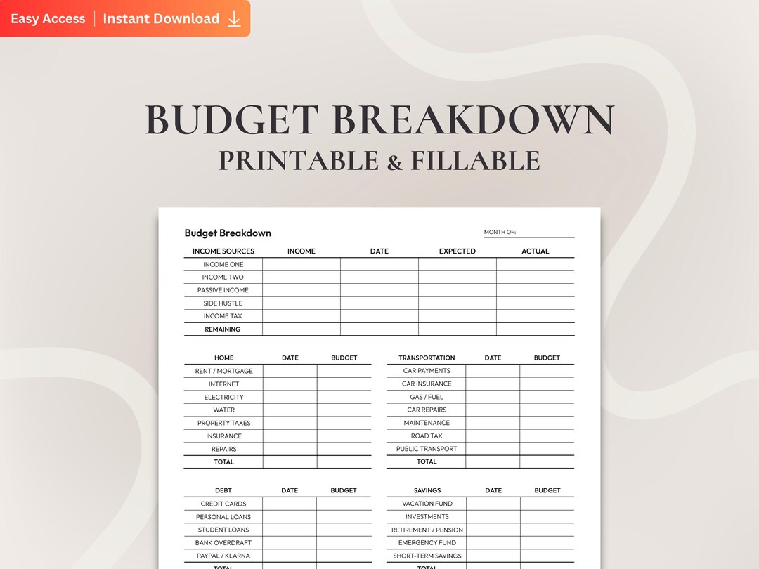 Monthly Budget Breakdown Template (printable + Fillable), Personal ...