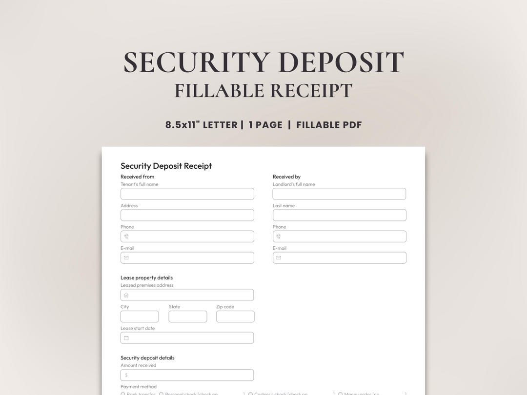 Fillable Security Deposit Receipt Template for Landlords • Rental ...