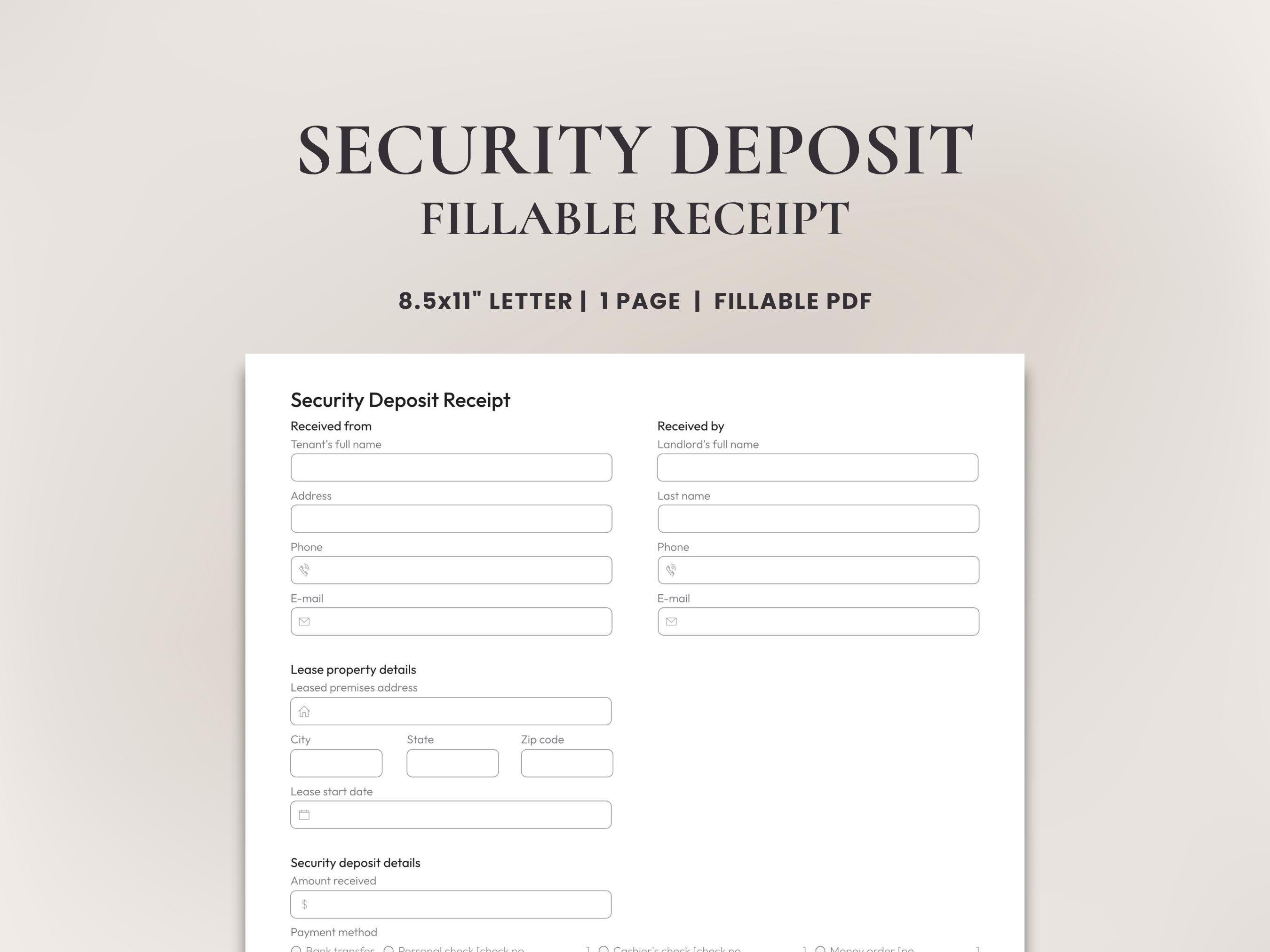 Fillable Security Deposit Receipt Template for Landlords • Rental ...