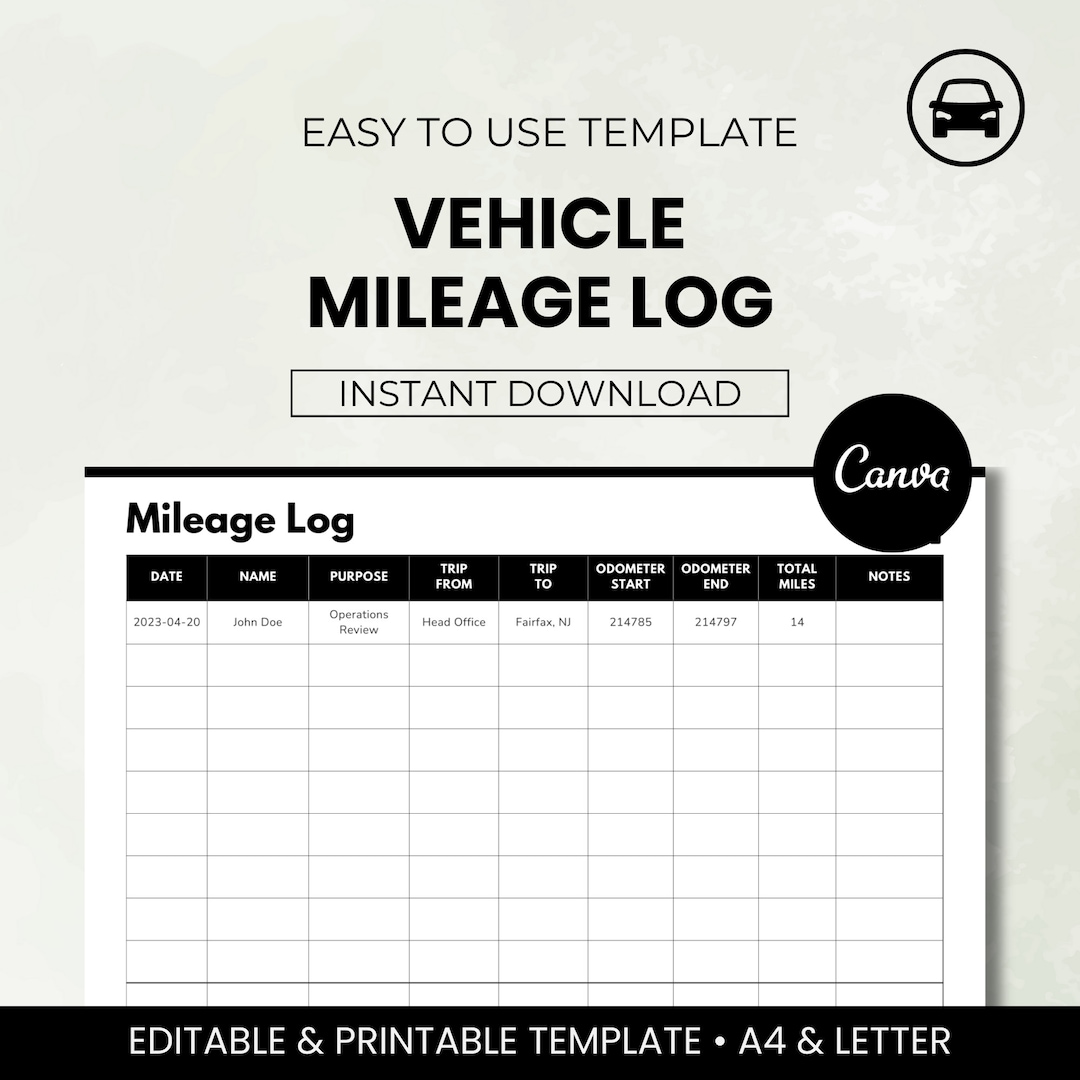 Auto Mileage Log Template Car Mileage Record Vehicle Distance Tracker ...