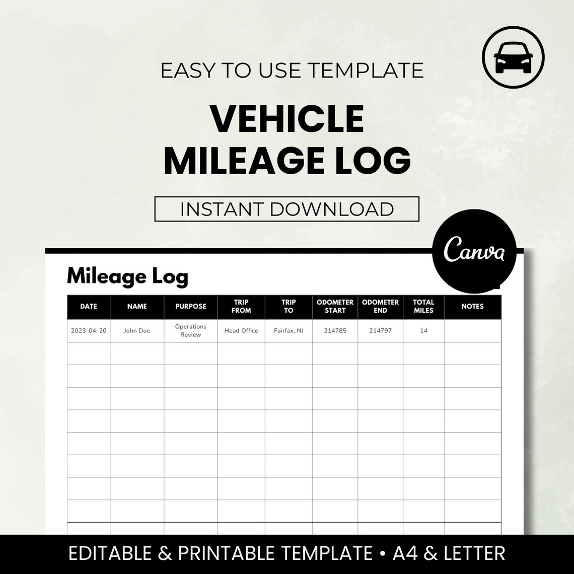 Auto Mileage Log Template Car Mileage Record Vehicle Distance Tracker ...