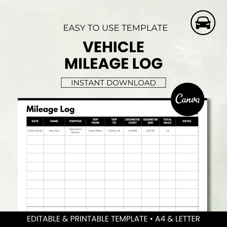 Auto Mileage Log Template Car Mileage Record Vehicle Distance Tracker ...