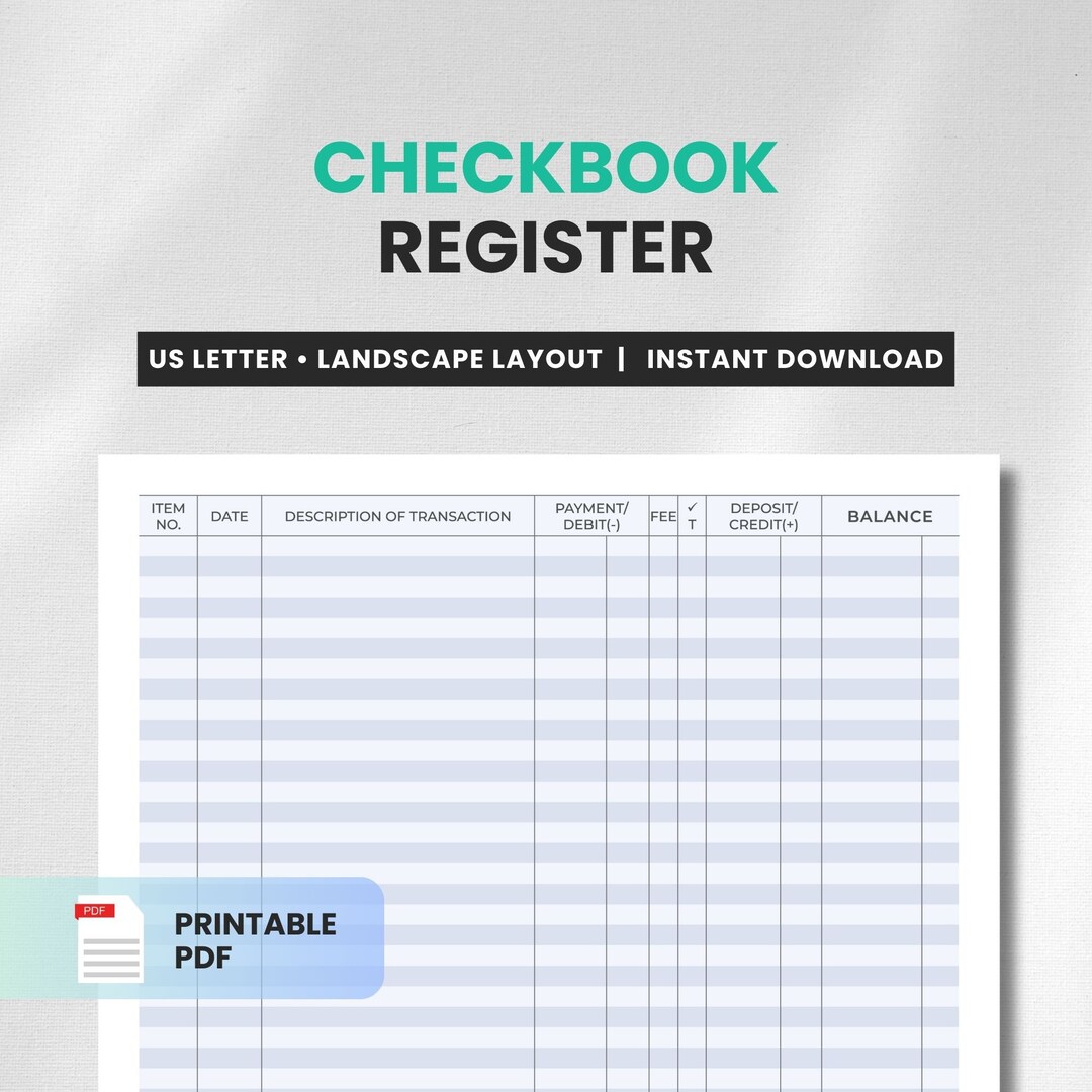 Printable Checkbook Register Printable PDF File Landscape 8.5 X 11in ...