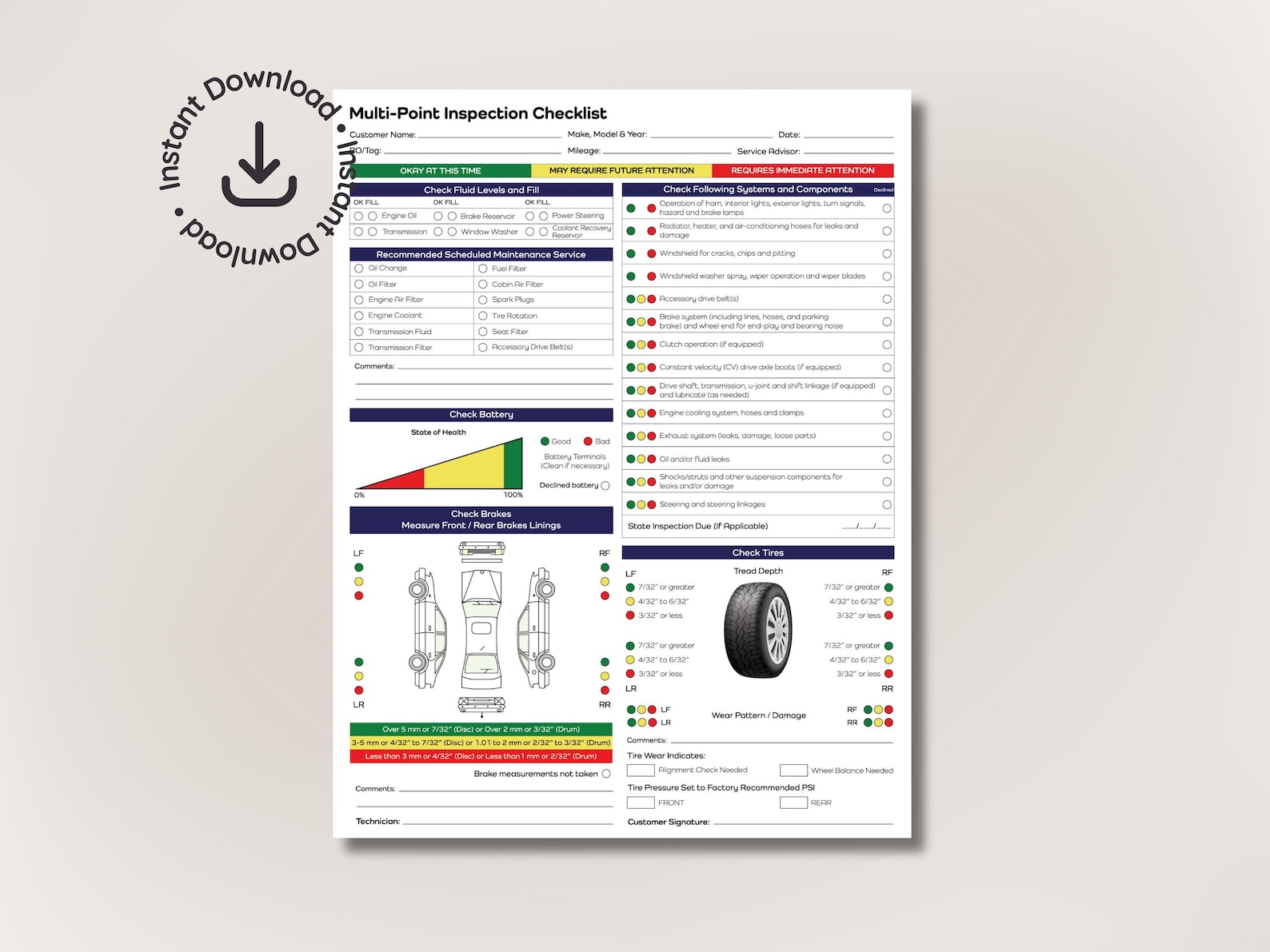 Vehicle Inspection Form PDF • Multi-point Inspection Checklist • Car ...