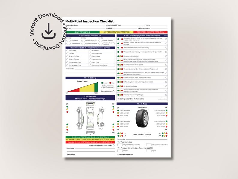 Vehicle Inspection Form PDF • Multi-point Inspection Checklist • Car ...