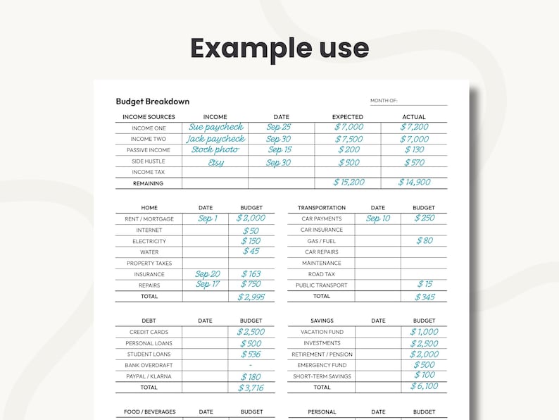 Monthly Budget Breakdown Template (printable + Fillable), Personal ...