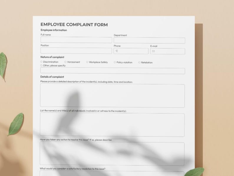 Employee Complaint Form for Workplace Issues, Office Complaint Record ...