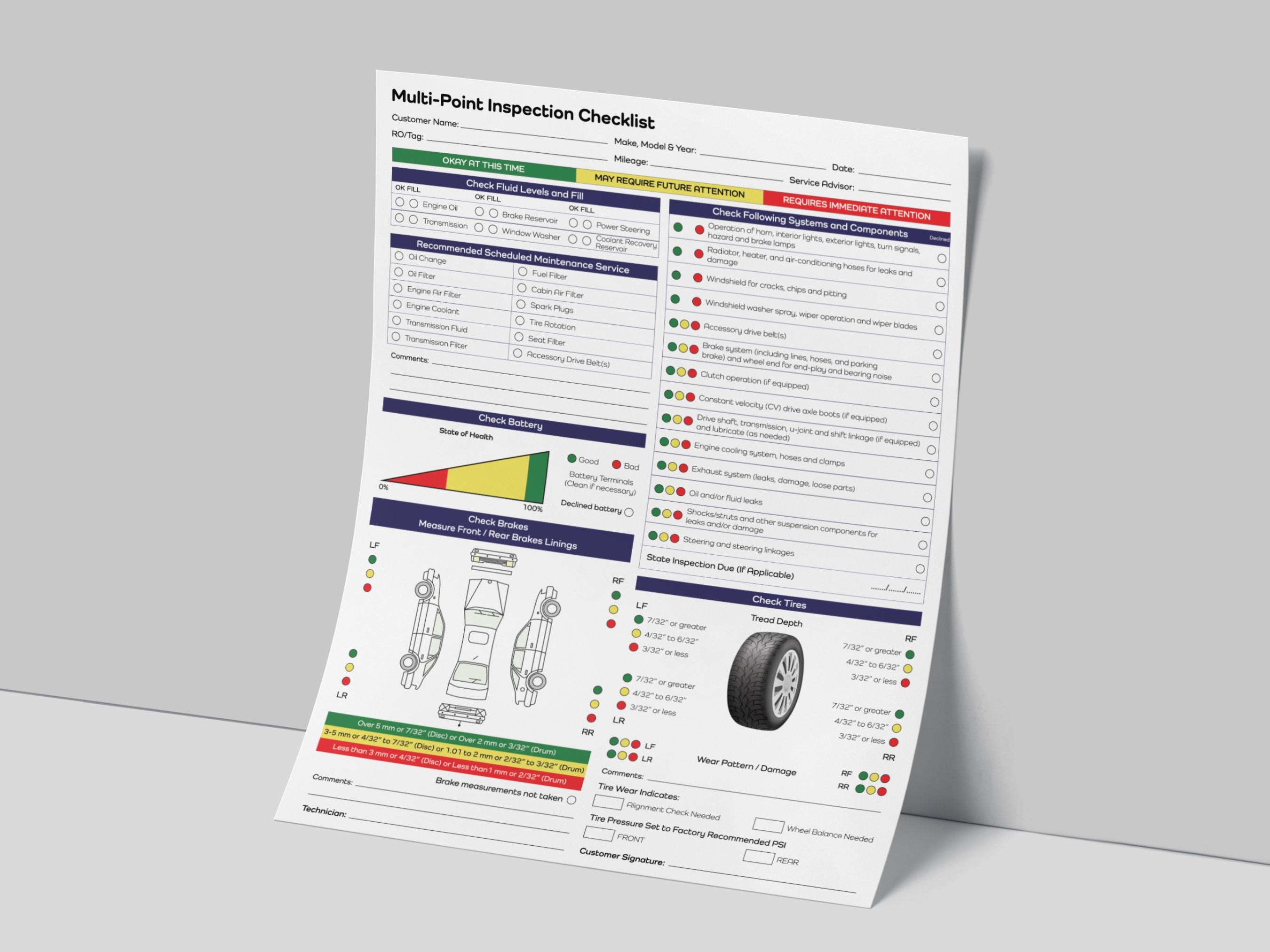 Vehicle Inspection Form PDF • Multi-point Inspection Checklist • Car ...
