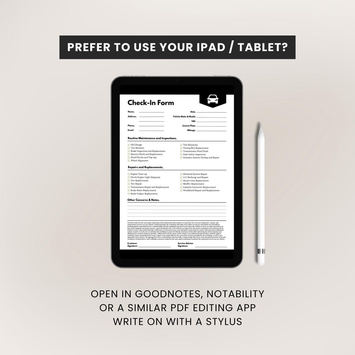 Vehicle Check in Sheet, Auto Repair Intake Form, Customer Check in ...