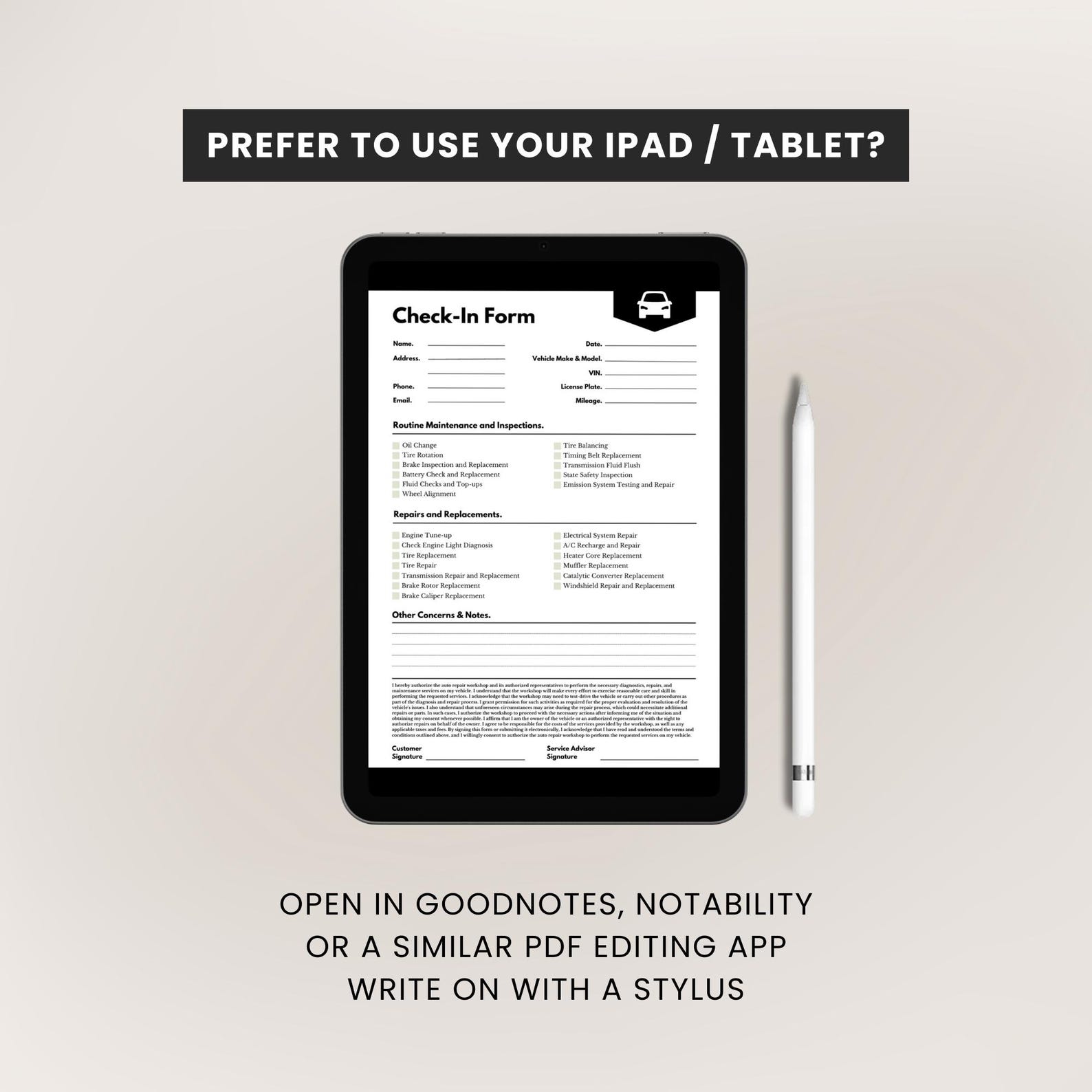 Vehicle Check in Sheet, Auto Repair Intake Form, Customer Check in ...