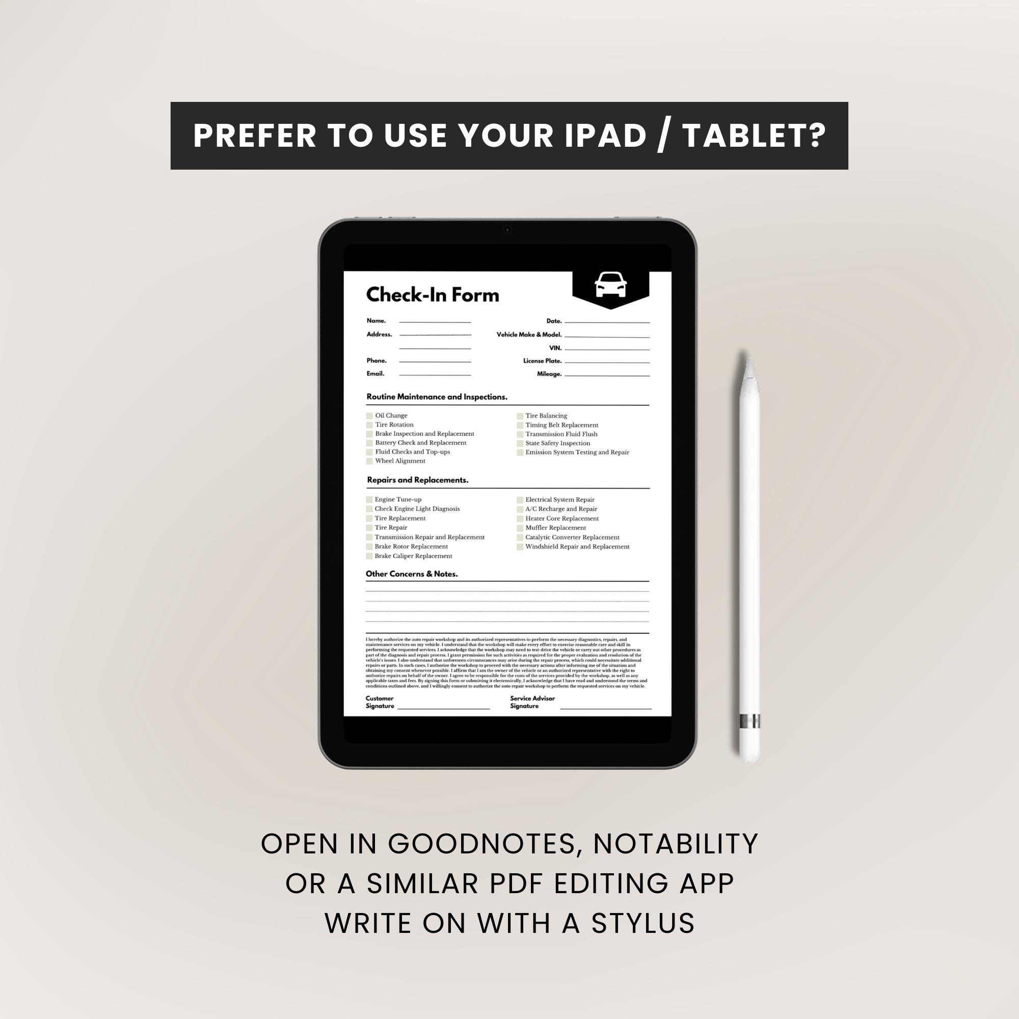 Vehicle Check in Sheet, Auto Repair Intake Form, Customer Check in ...