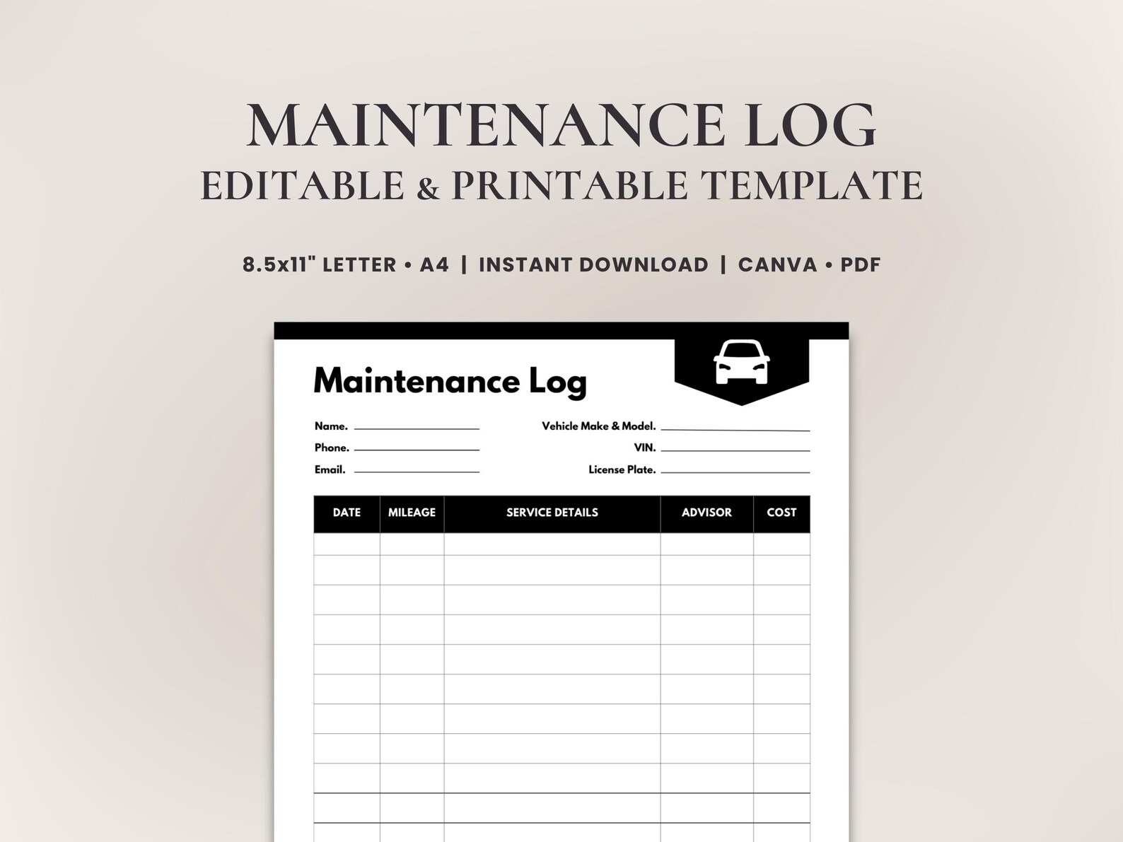 Auto Repair Maintenance Log Template • Vehicle Service Record • Car ...