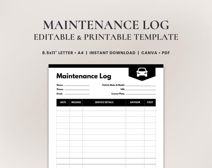 Auto Repair Maintenance Log Template • Vehicle Service Record • Car ...
