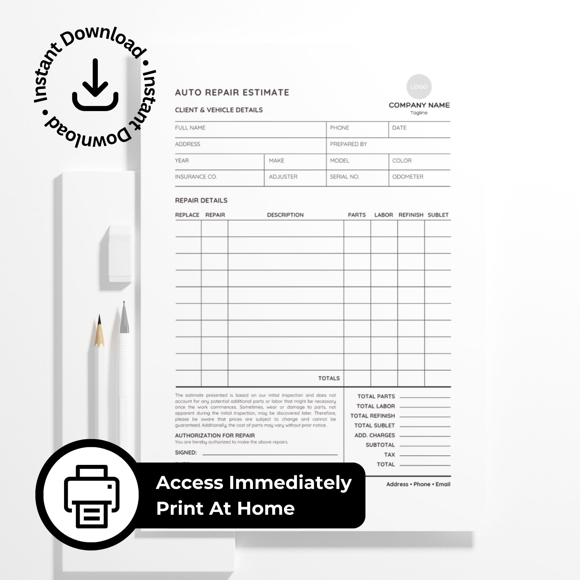 Printable Auto Repair Estimate Template • Estimate Form for Body Shop ...
