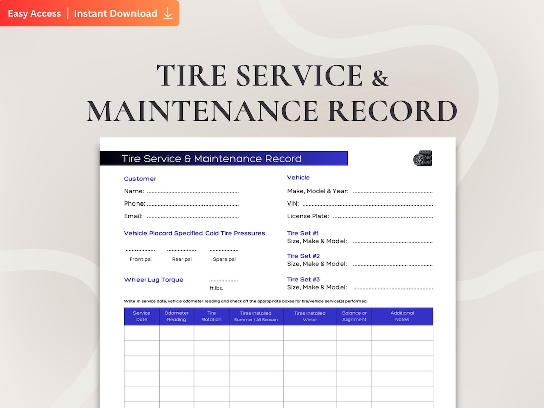 Tire Service and Maintenance Record, Tire Care Log, Tyre Service ...