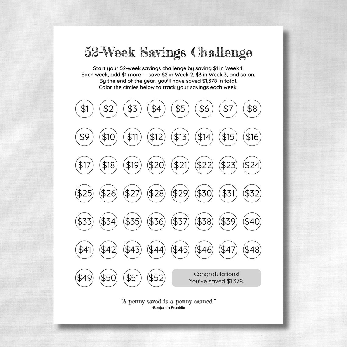 52 Week Money Saving Challenge Template 1 Dollar Weekly Increment ...