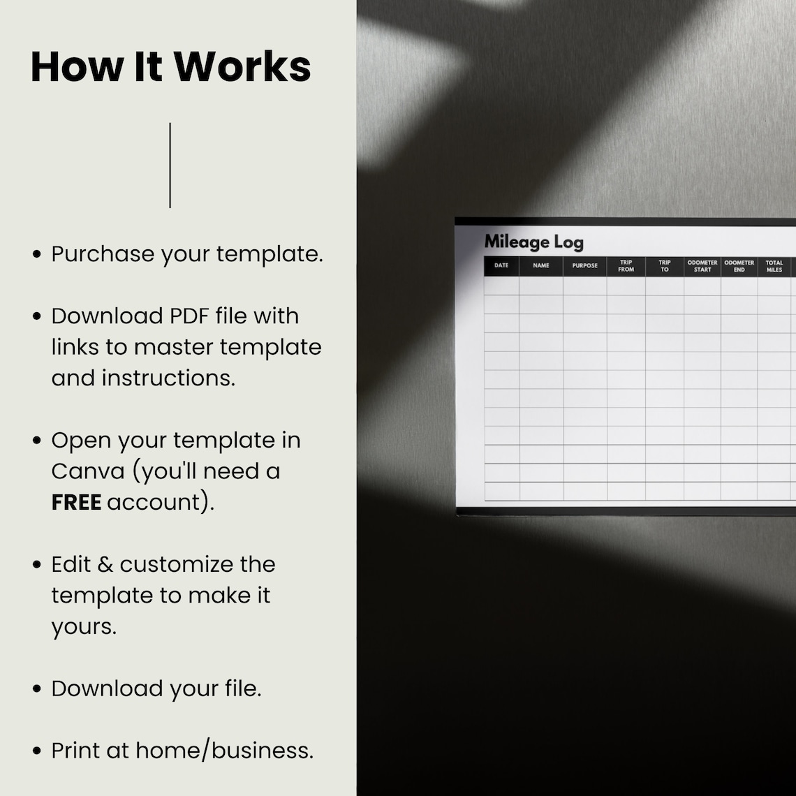 Auto Mileage Log Template Car Mileage Record Vehicle Distance Tracker ...