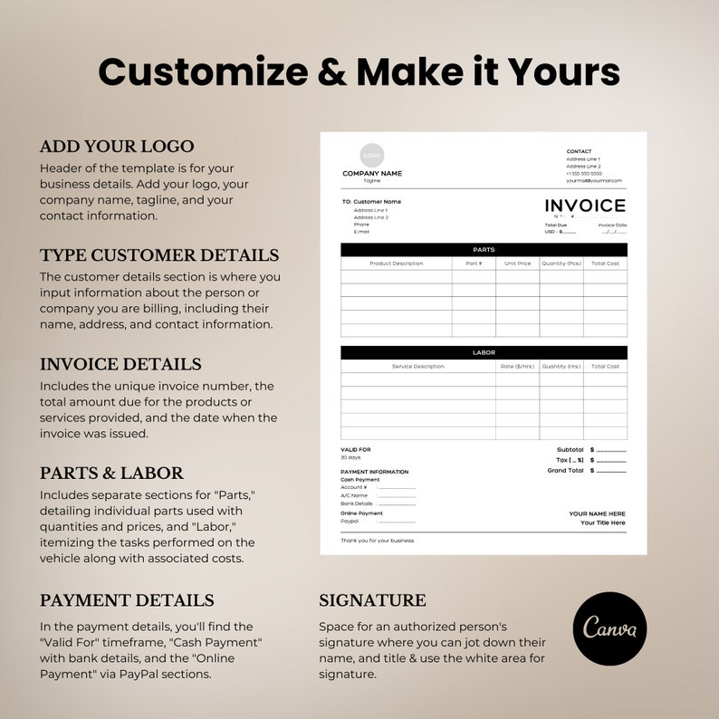 Car Repair Invoice Template • Custom Automotive Service Invoice • Auto ...