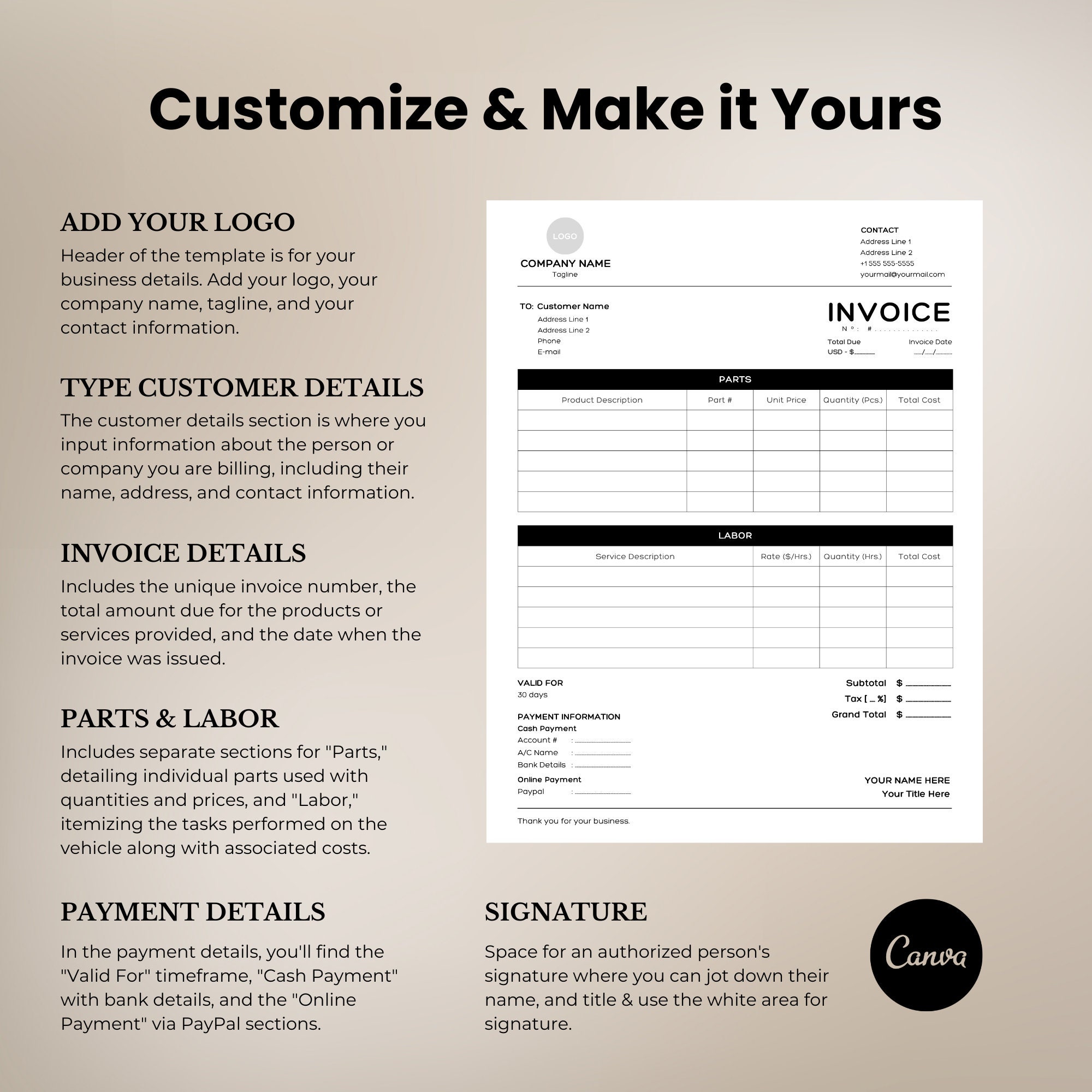 Car Repair Invoice Template • Custom Automotive Service Invoice • Auto ...