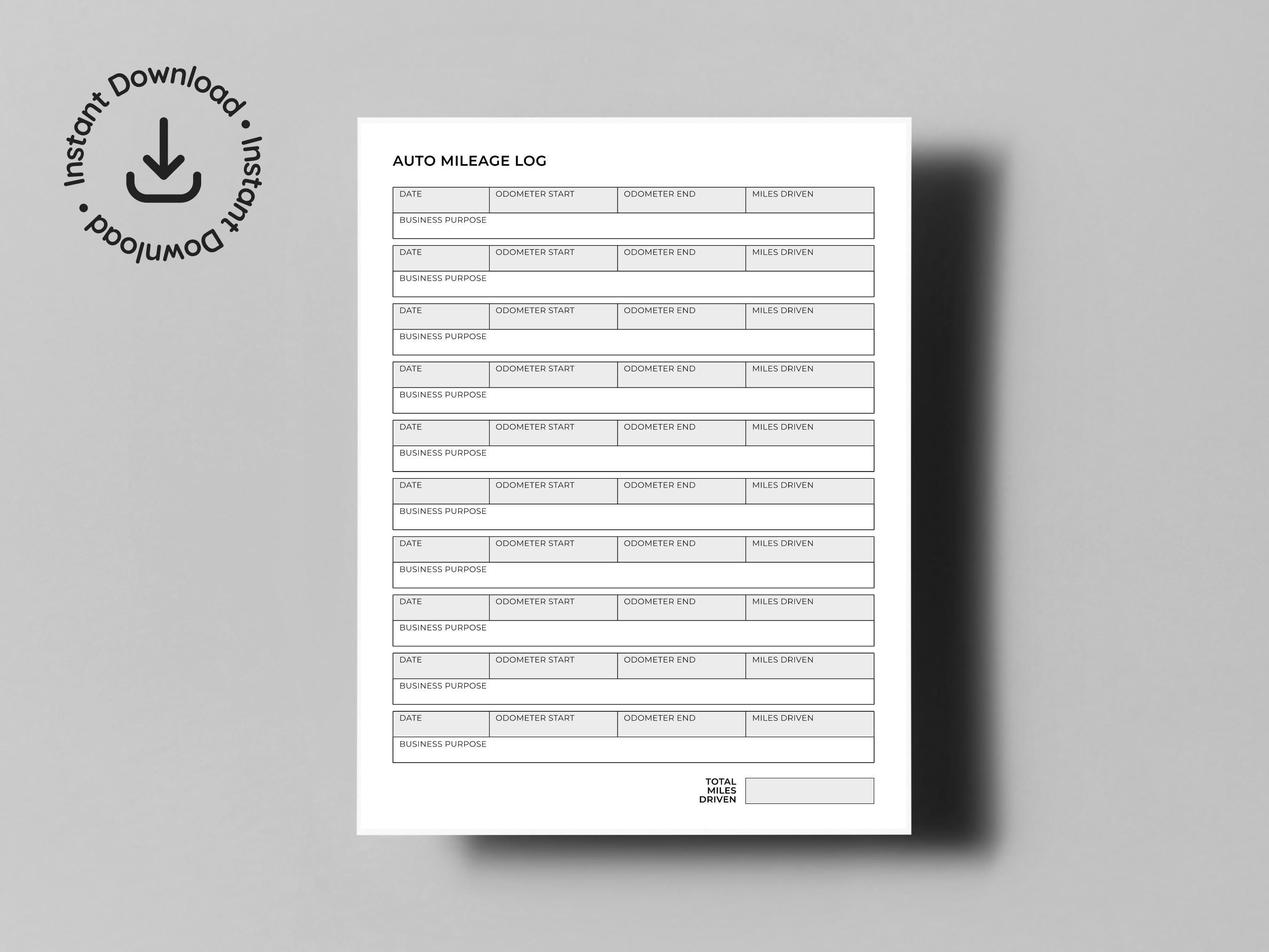 Printable Auto Mileage Log • Small Business Mileage Record • Odometer ...