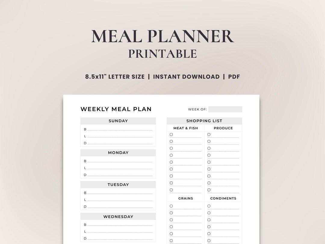 Printable Weekly Meal Planner • Minimalist Meal Plan Template • Weekly ...