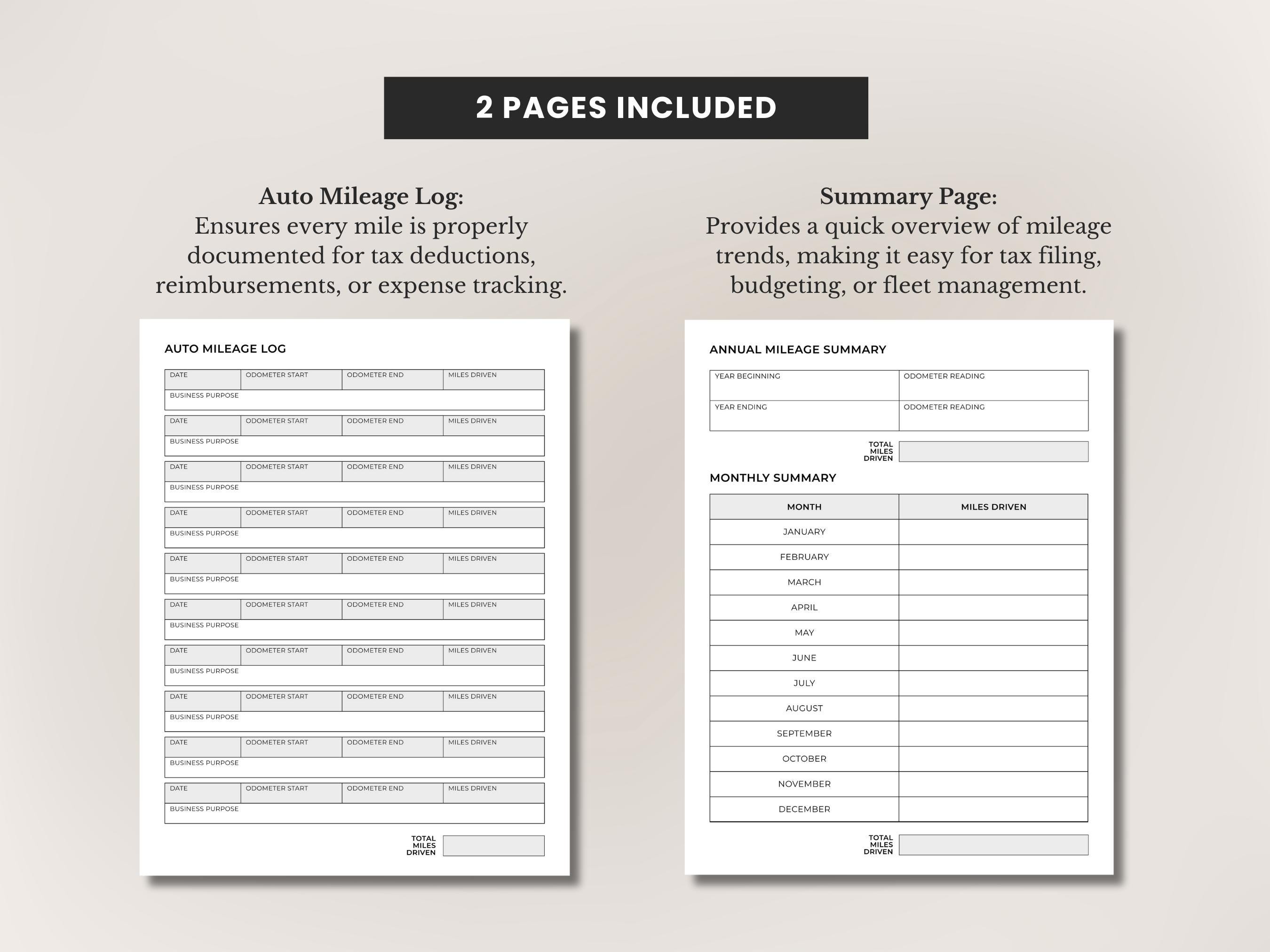 Printable Auto Mileage Log • Small Business Mileage Record • Odometer ...