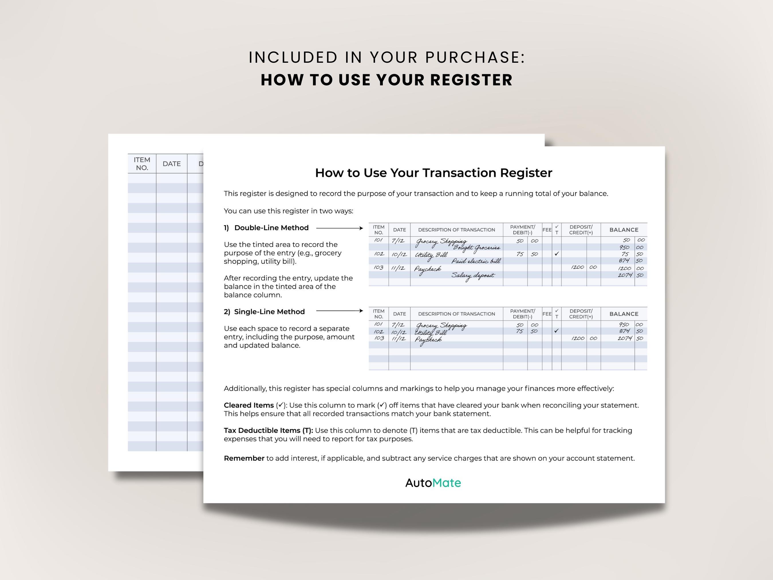 Printable Checkbook Register • Landscape 8.5 X 11in Orientation • 28 ...
