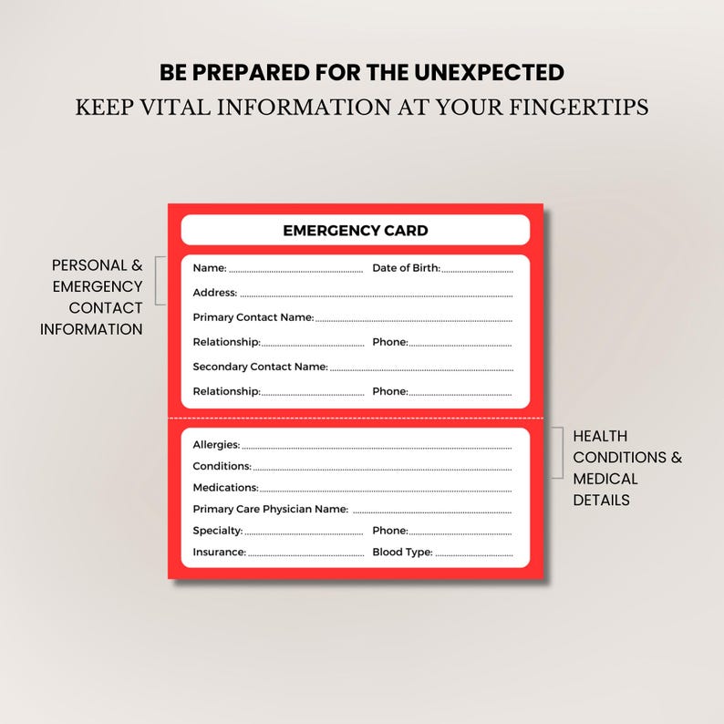 Printable Emergency Contact Card for Wallet Compact Business Card Size ...