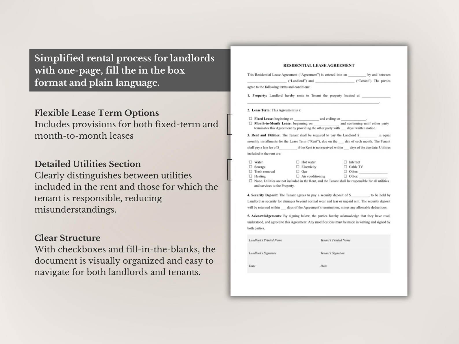 One Page Rental Agreement for Landlords • Simple House Lease Agreement ...