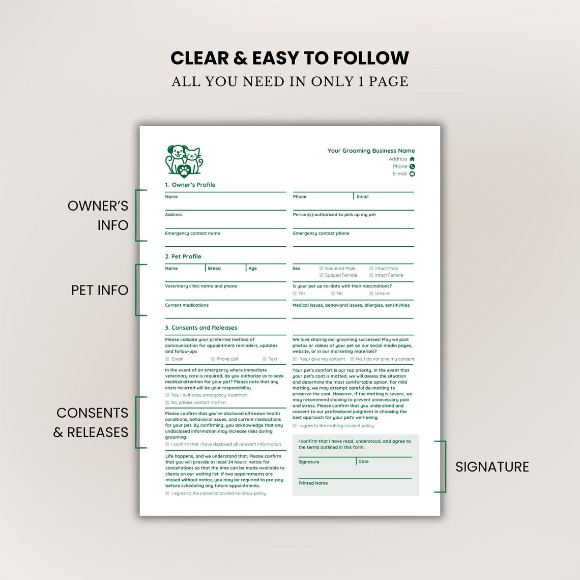 Pet Grooming Consent and Release Form • Editable Client and Pet Intake ...