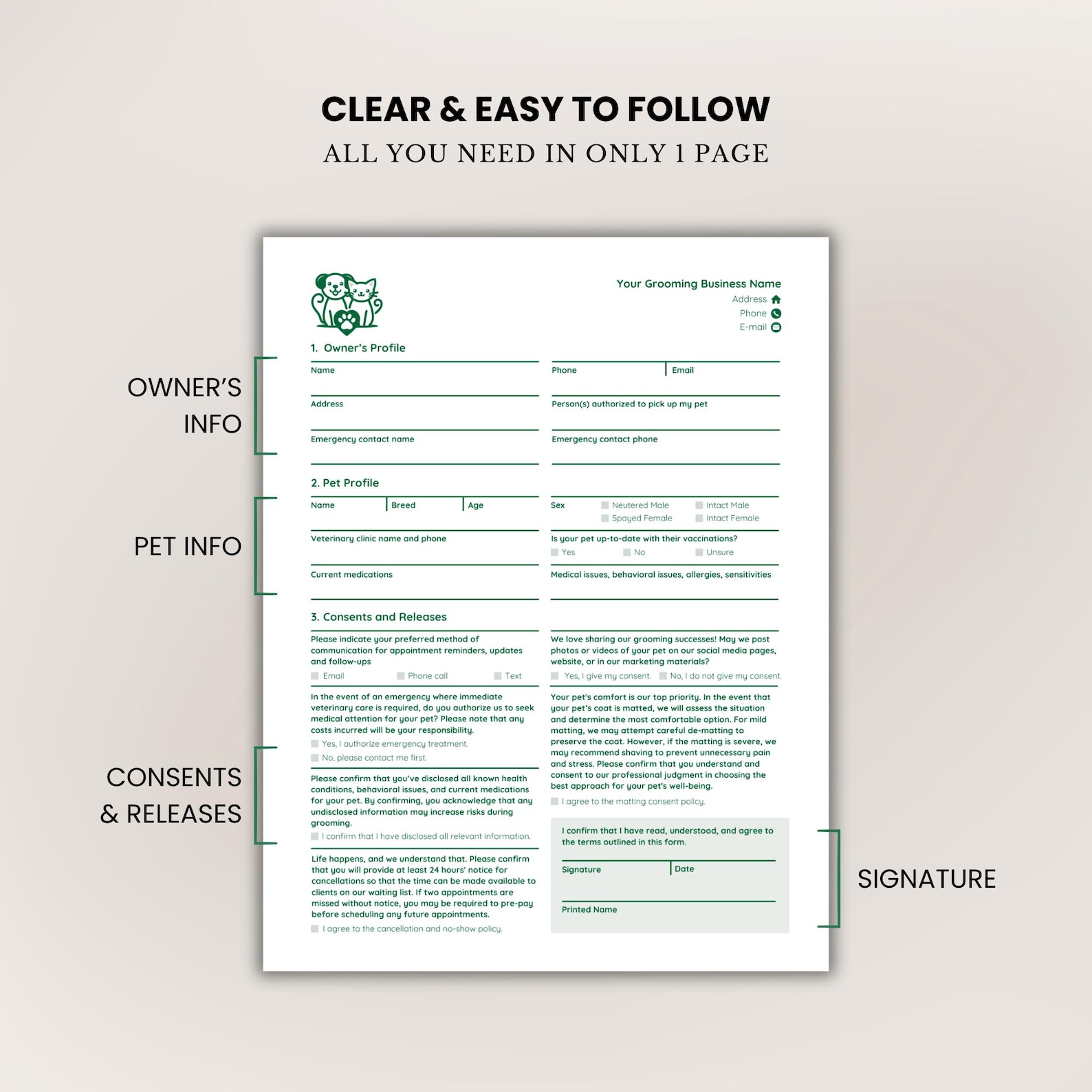 Pet Grooming Consent and Release Form • Editable Client and Pet Intake ...