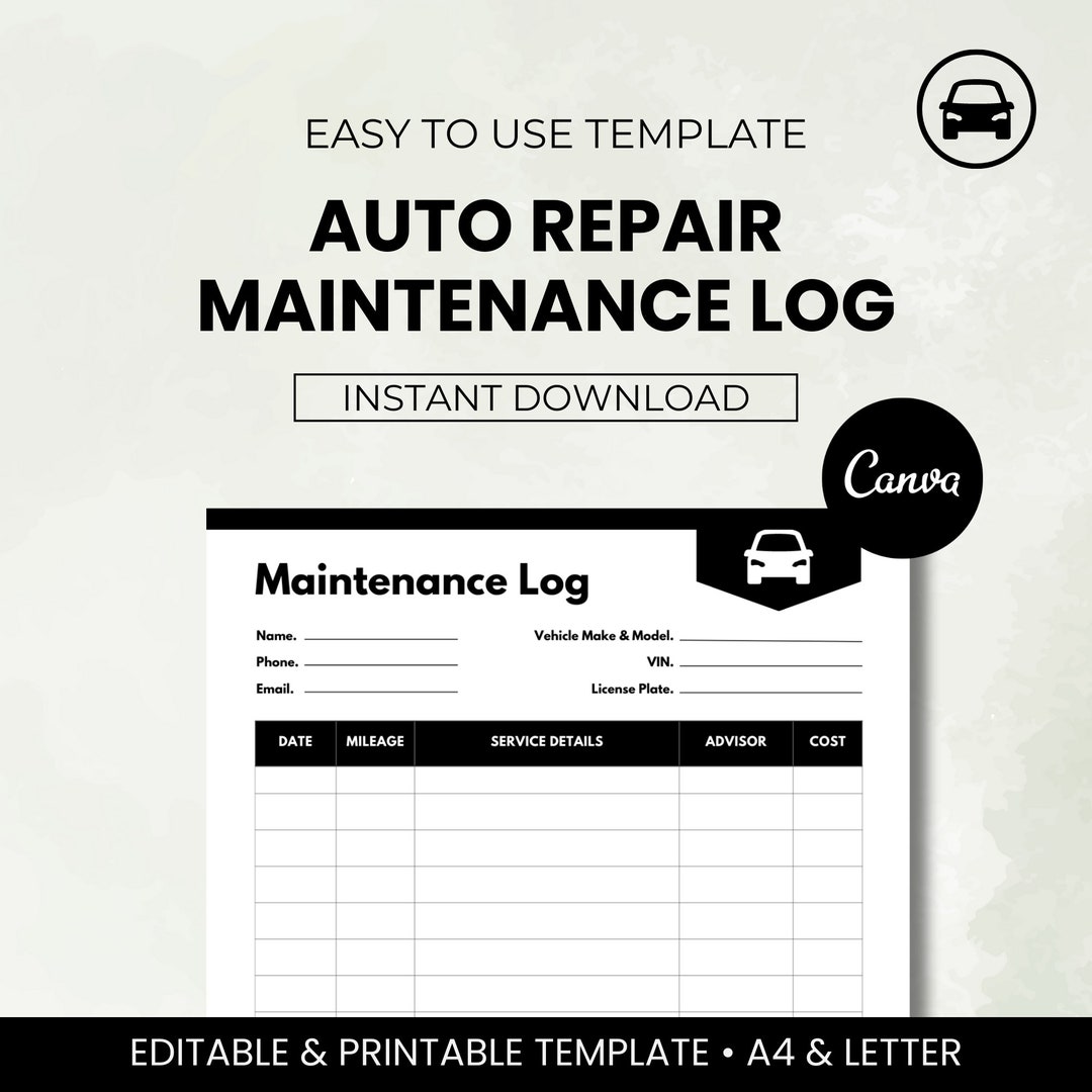 Auto Repair Maintenance Log Template Vehicle Service Record Car ...