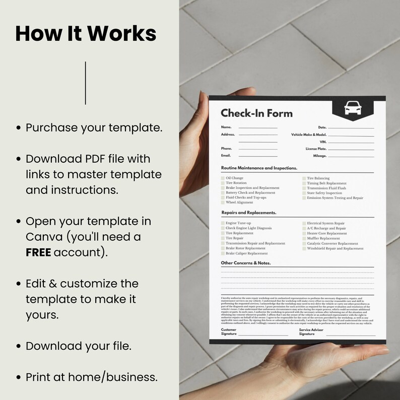 Auto Repair Customer Check in Sheet Template Vehicle Maintenance Client ...