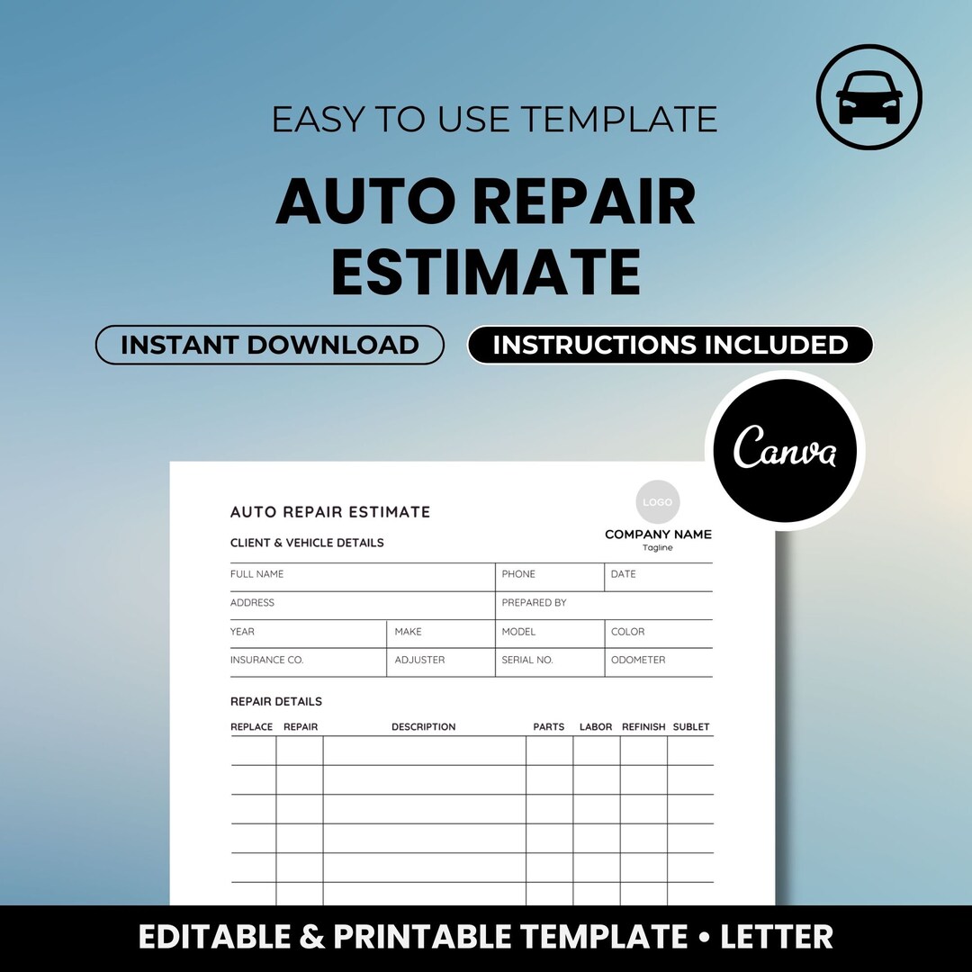 Printable Auto Repair Estimate Template • Estimate Form for Body Shop ...