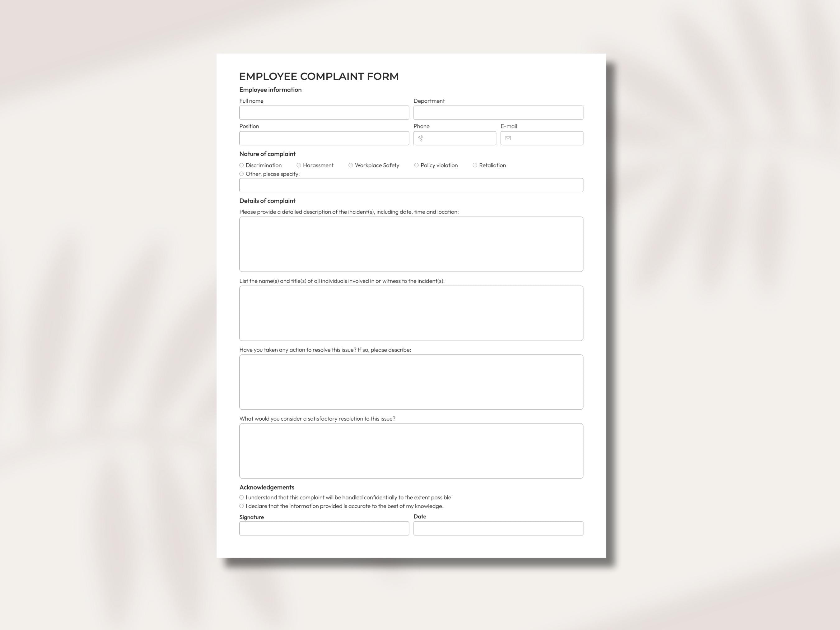 Employee Complaint Form for Workplace Issues, Office Complaint Record Template, Staff Complaint ...