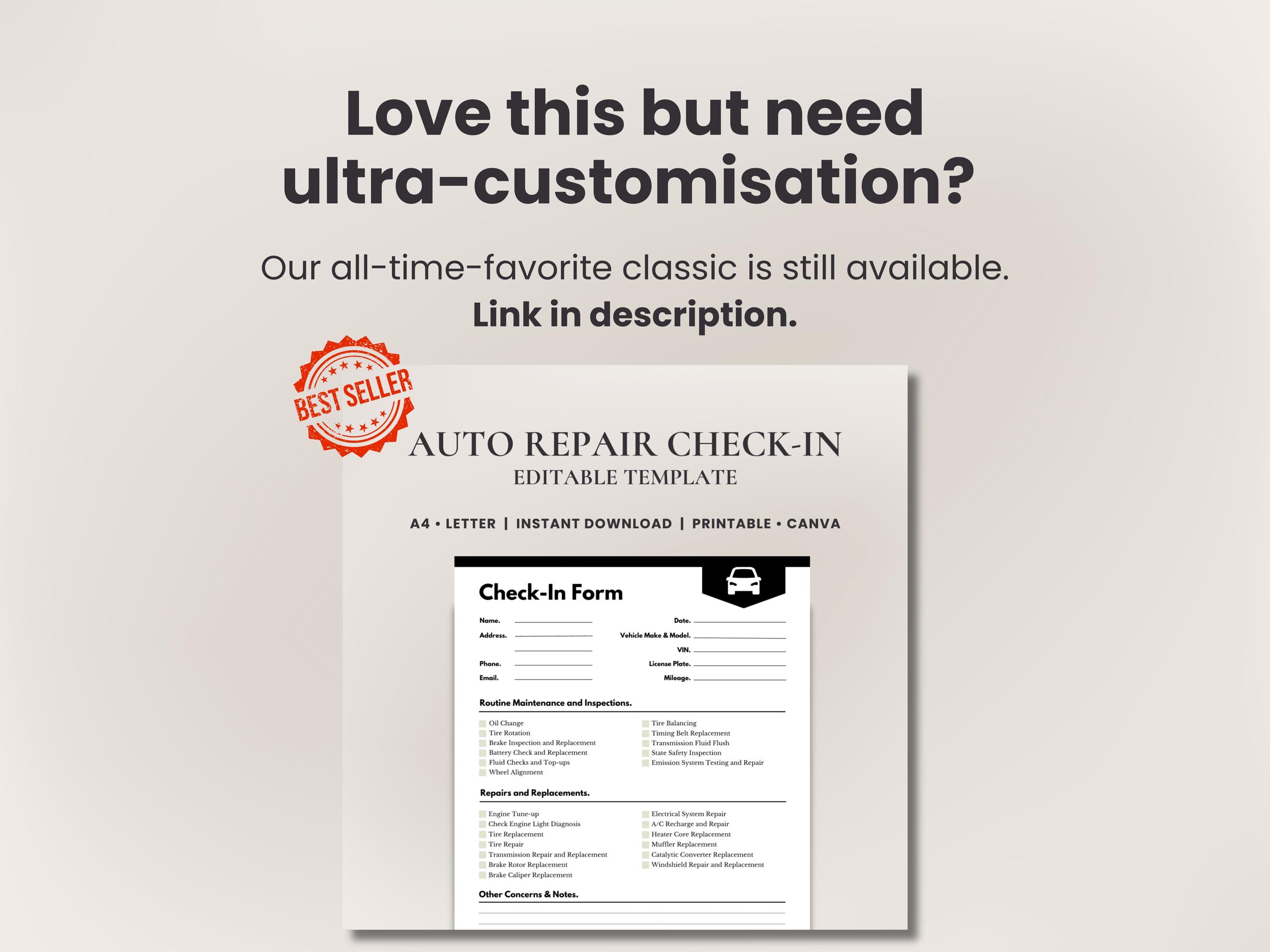 Vehicle Check-in Sheet Mechanic Intake Form, Auto Repair Intake ...