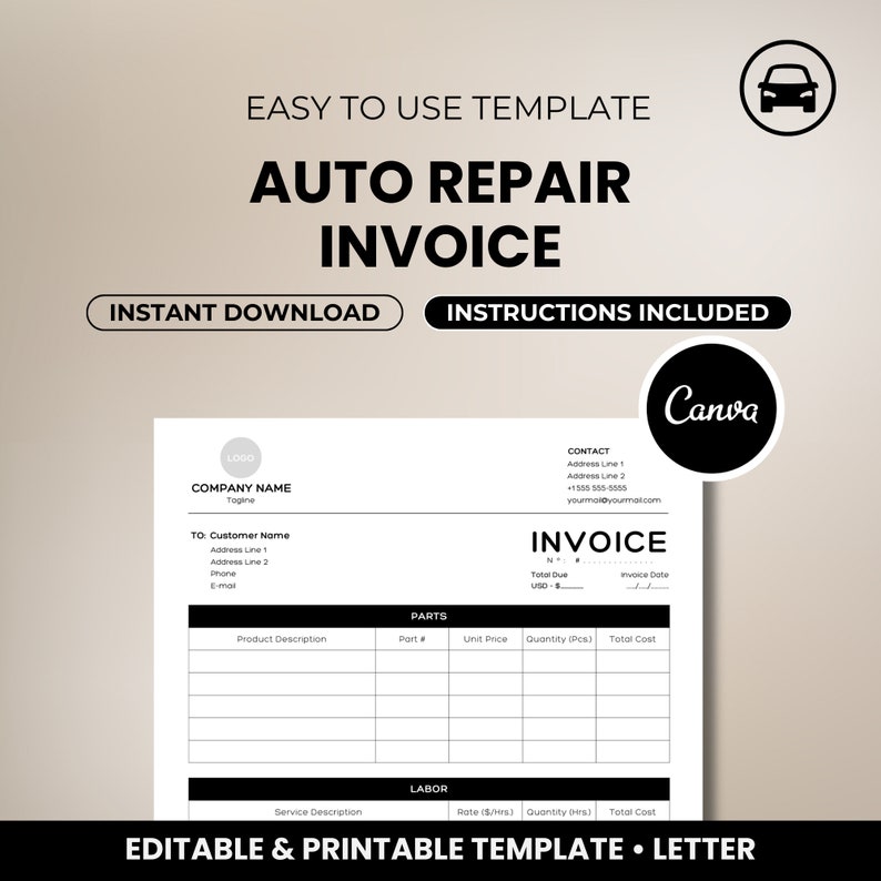 Car Repair Invoice Template • Custom Automotive Service Invoice • Auto ...