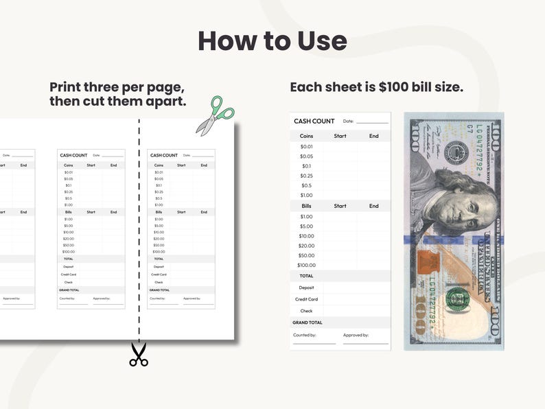 Cash Drawer Count Log Printable, Simple Daily Cash Count Sheet With ...