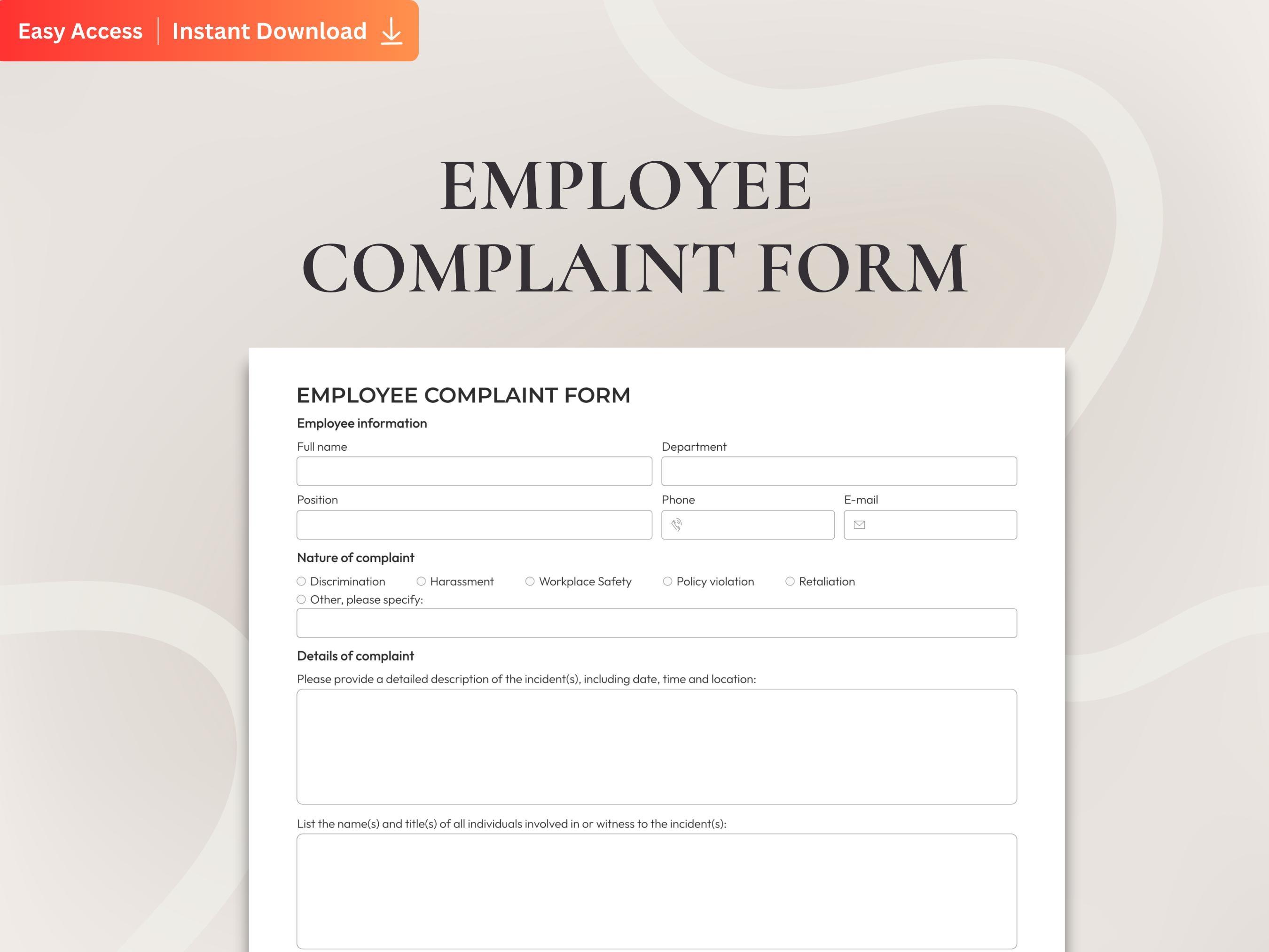 Employee Complaint Form for Workplace Issues, Office Complaint Record Template, Staff Complaint ...