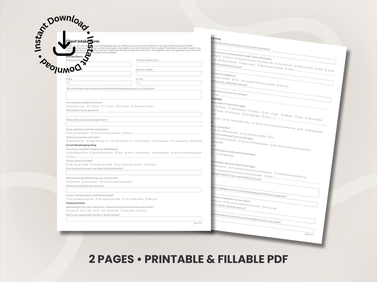 Client Intake Form for Bookkeepers, Printable and Fillable Bookkeeping ...