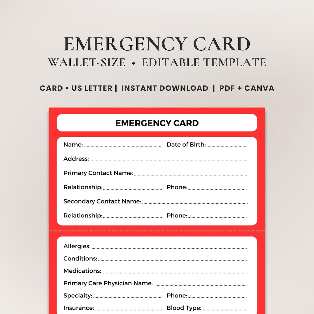 Printable Emergency Contact Card for Wallet Compact Business Card Size ...