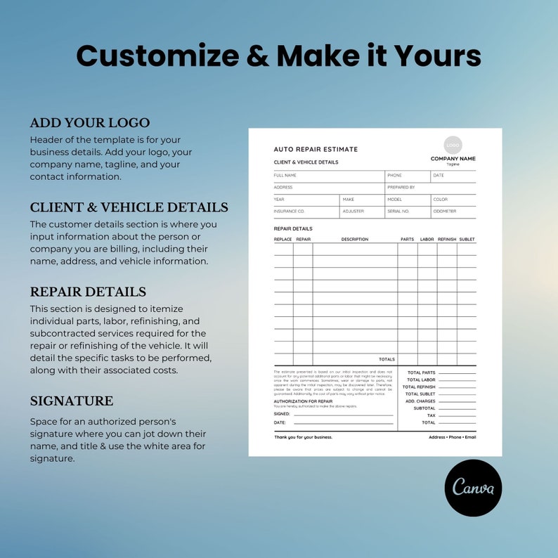 Printable Auto Repair Estimate Template • Estimate Form for Body Shop ...