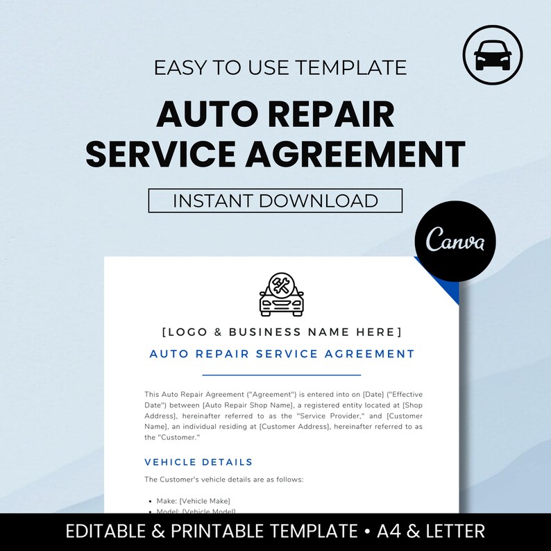 Auto Repair Service Agreement Template Vehicle Maintenance Contract Car ...