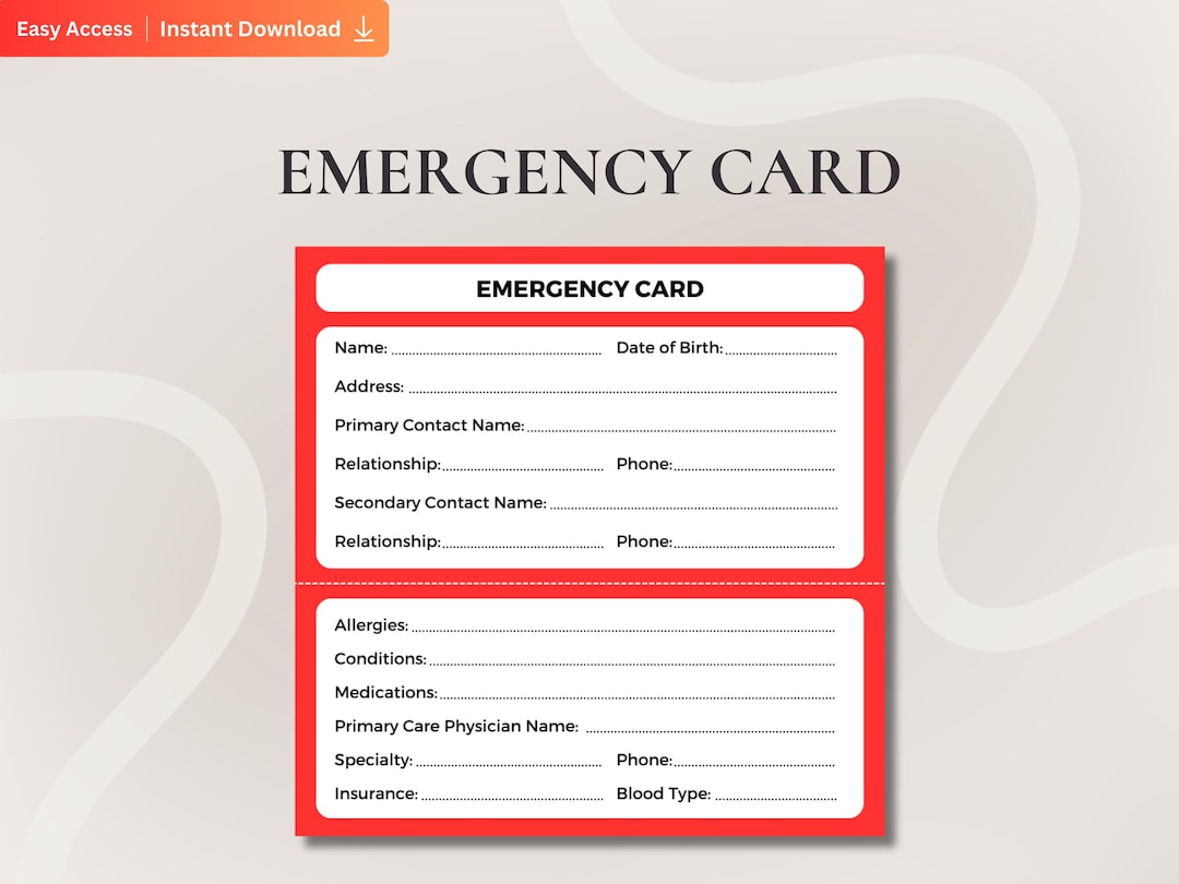 Emergency Contact Card Template, Printable Emergency Wallet Card, in ...