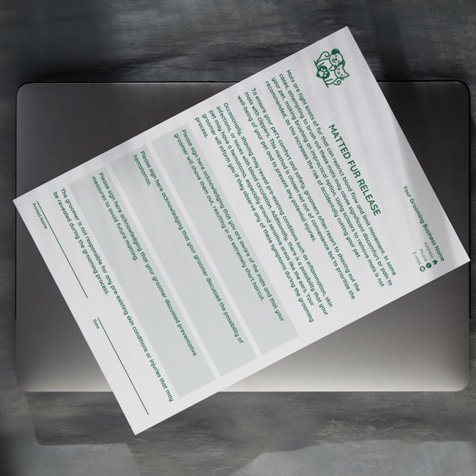 Matted Fur Release Forms for Pet Grooming Salons • Grooming Consent ...