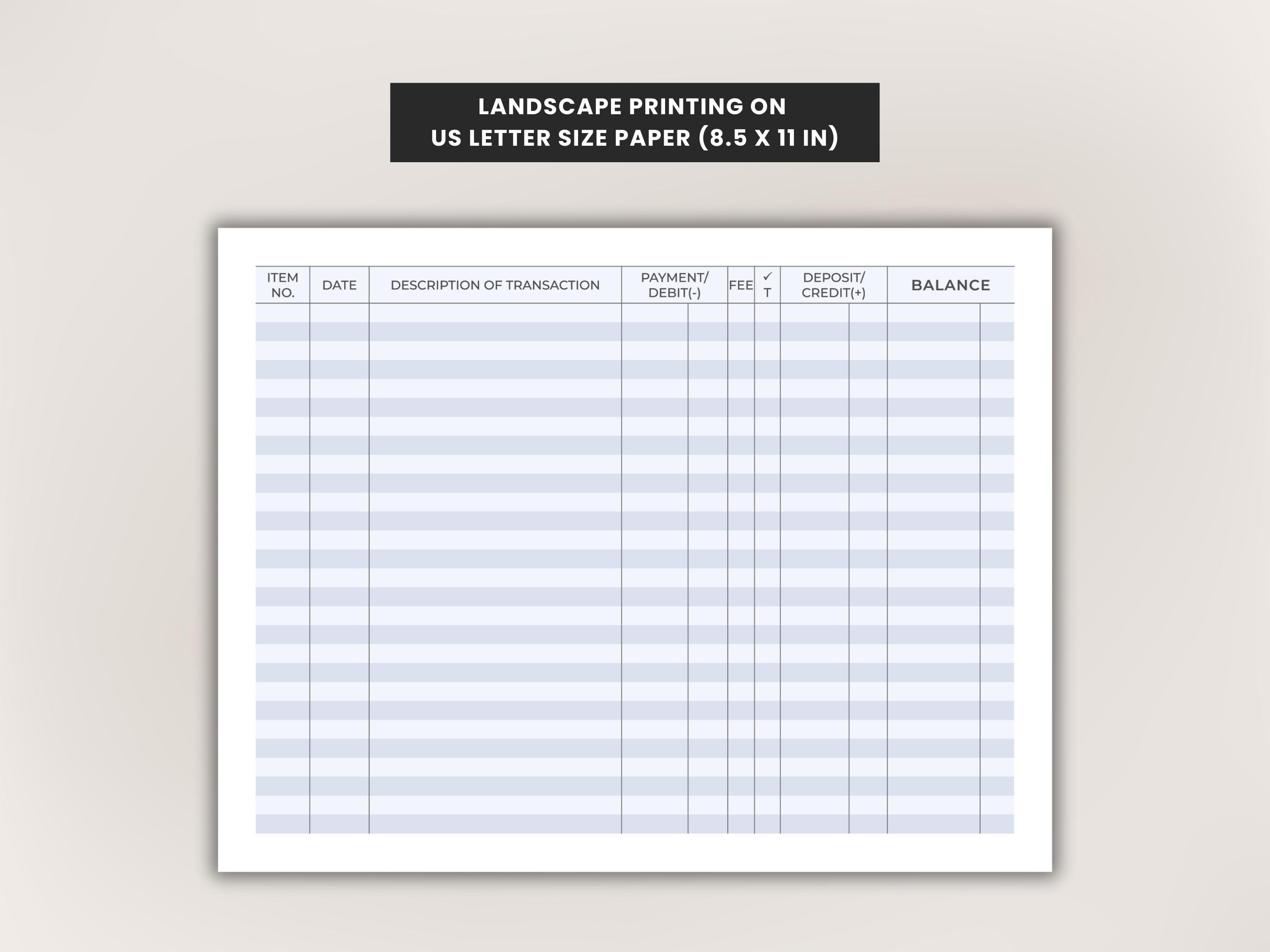 Printable Checkbook Register • Landscape 8.5 X 11in Orientation • 28 ...