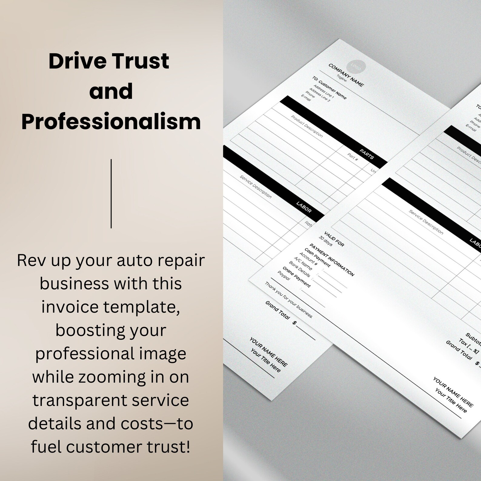 Car Repair Invoice Template • Custom Automotive Service Invoice • Auto ...