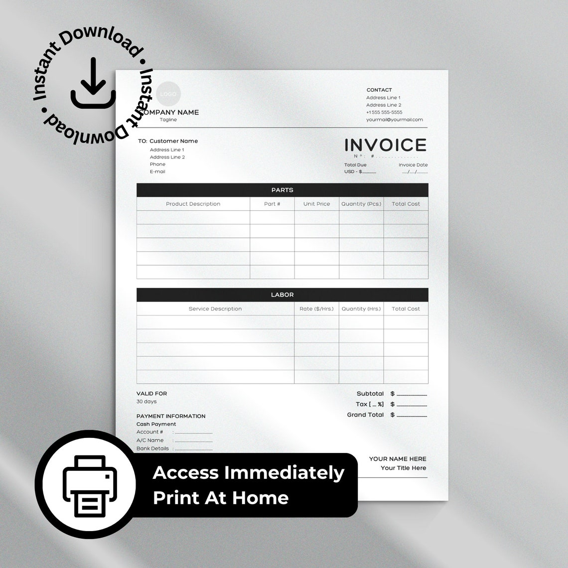 Car Repair Invoice Template • Custom Automotive Service Invoice • Auto ...