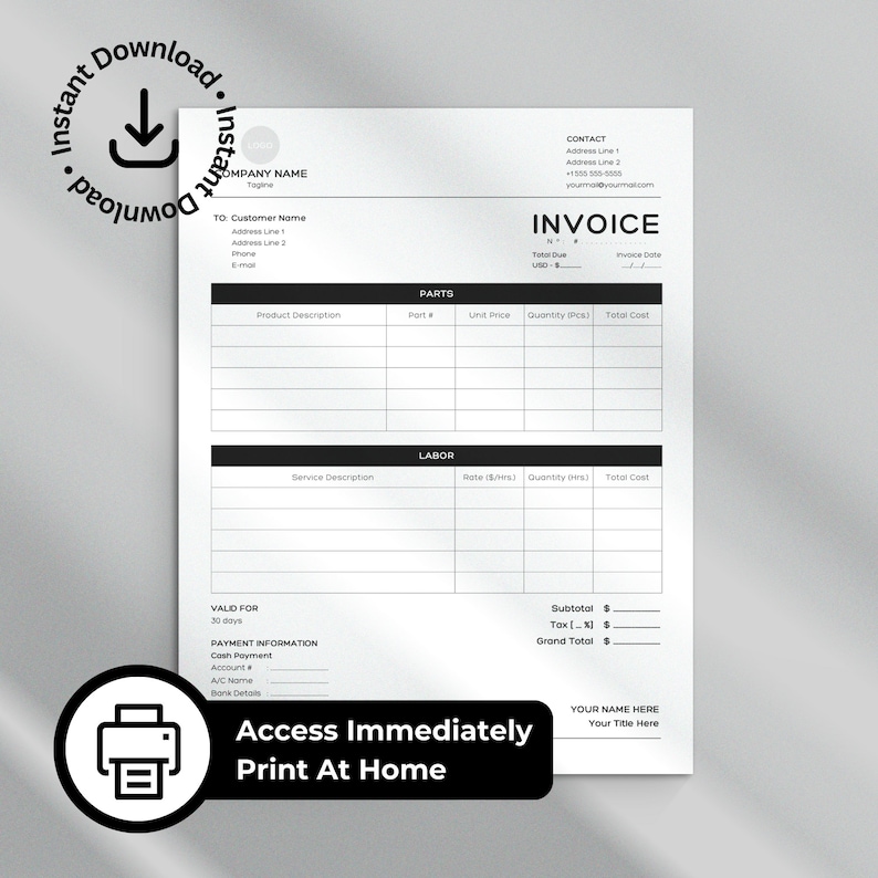 Car Repair Invoice Template • Custom Automotive Service Invoice • Auto ...